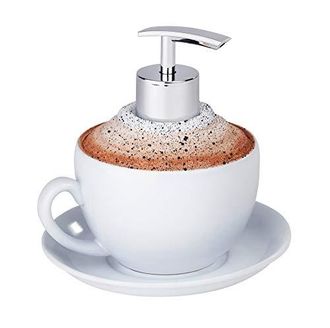 WENKO 54630100 Seifen-/Spülmittelspender, Fassungsvermögen 0,23 L, Polyresin, 13,3 x 13,3 x 13,5 cm, Cappuccino/weiß