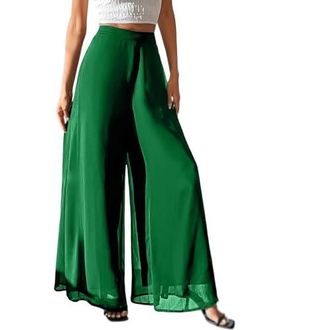 Generic Robe de plage en mousseline de soie pour femme, pantalon palazzo &agrave; jambes larges, fluide, l&eacute;ger, long, tendance, pantalon d&eacute;contract&eacute;, Vert, XL