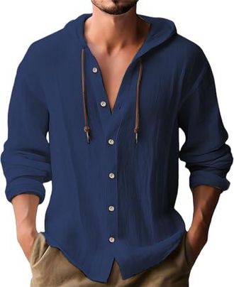 Generic Sweat &agrave; capuche en lin &agrave; manches longues boutonn&eacute;es pour homme | Sweat &agrave; capuche de plage l&eacute;ger pour l&eacute;t&eacute; - pour les voyages, bleu marine, XXL