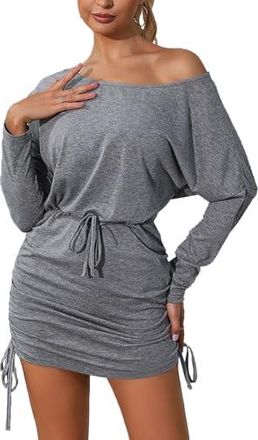 Generic Mini robe moulante d&eacute;contract&eacute;e &agrave; manches longues avec cordon de serrage et &eacute;paules d&eacute;nud&eacute;es, style boh&egrave;me, pour la plage, les vacances, les vacances,