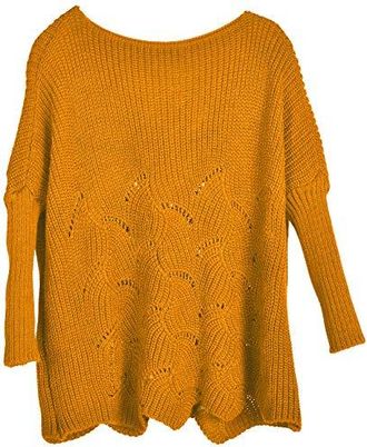 styleBREAKER &eacute;l&eacute;gant Pullover tricot&eacute; Oversize avec Motif ajour&eacute;, Manches Longues et col Bateau, Poncho, Taille Unique 08010066, Couleur:Curry