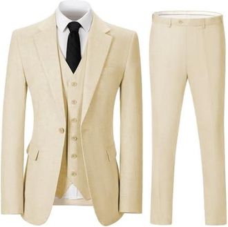 Solovedress Costume 3 pièces en lin pour homme - Costume de smoking - Coupe droite - 1 bouton - Pour fête de mariage (blazer + gilet + pantalon), champagne, XXL