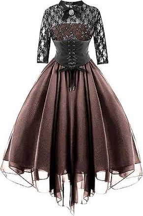 Generic Robe Corset Gothique Femme en Dentelle Vintage &agrave; Lacets Manches Courtes Midi Robe De Steampunk Cocktail Formelle Punk Hippie Cocktail Soir&eacute;E F&ecirc;Te Part