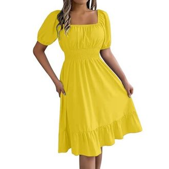 Generic Robe noire festive pour femme - Style printanier - Style &eacute;l&eacute;gant - Style vacances - Couleur unie - Avec manches bouffantes, jaune, XXL