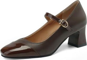 Generic Mary Janes à Bout carré pour Femmes avec Boucle réglable Sangle mi-épaisse Talons carrés élégantes Chaussures habillées,Marron,38.5 EU