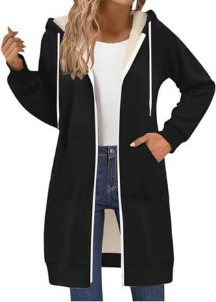 Generic Sweat à capuche en peluche pour femme - Veste pelucheuse - Manteau long pour femme - Sweat à capuche en polaire pour lextérieur - Vêtements chauds dhi