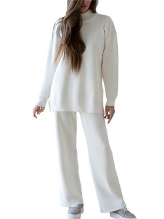 Generic Tenue 2 pi&egrave;ces pour femme, coupe d&eacute;contract&eacute;e, haut en tricot &agrave; manches longues et pantalon &agrave; jambe large, vert, taille S pour le quotidien, le travai