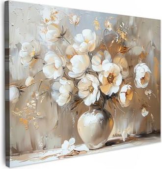 MuchoWow &copy; Impression sur Toile Decoration Murale Peinture 70x50 cm Tableaux Decoratifs Muraux D&eacute;co Chambre Tableau Salon Vase - Fleurs - Art - Or