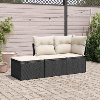 vidaXL 3-tlg. Garten-Sofagarnitur mit Kissen Schwarz Poly Rattan - Vidaxl