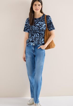 Cecil T-Shirt CECIL, Damen, Gr. XXL (46), universal blau, Web, 100% Baumwolle, gemustert, comfort fit normal, Rundhals, abgesteppt, Shirts T-Shirt, aus rein