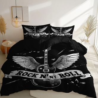 Generic Bettw&auml;sche Musik Rock Und Briefe Muster Bettbezug, 150 x 200 cm Microfaser Bettbezug Sets f&uuml;r Kinder Jungen M&auml;dchen Erwachsene, Schwarz Bettw&auml;sche Set