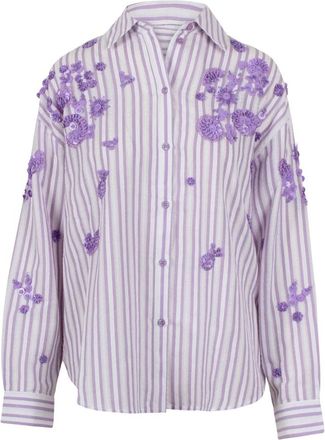 Essentiel Femme, Blouses et Chemises, Violet, Taille: 42 FR Chemise &agrave; Rayures avec Appliqu&eacute;s Floraux