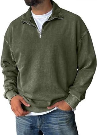 Generic Sweat-shirt l&eacute;ger uni pour homme 2026 - Demi-fermeture &eacute;clair - Manches longues avec col montant ray&eacute; - Coupe ample - Sans capuche - Pour entra&icirc;nement