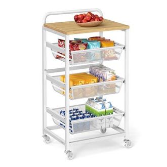 Vasagle Chariot de Rangement &agrave; 4 Niveaux, avec Paniers Extractibles, &Eacute;tag&egrave;re de Cuisine avec roulettes, avec Poign&eacute;e, 31,7 x 40 x 76 cm, Dor&eacute; Ch&ecirc;ne et Blanc M