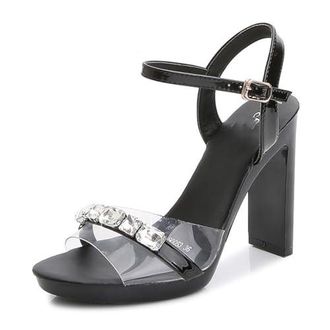 Generic Sandales à talons compensés pour femme - Bout ouvert - Sangle de cheville - Tendance - Strass - Pour fête de mariage, Noir, 37 EU