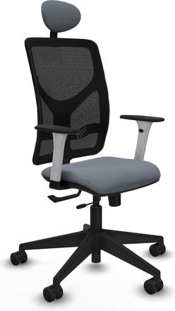 Piqueras y Crespo Schreibtischstuhl aus grauem Netzstoff, mit wei&szlig;en und schwarzen Armlehnen, h&ouml;henverstellbare Lendenwirbelst&uuml;tze und festes Kopfteil, ausgestattet mit