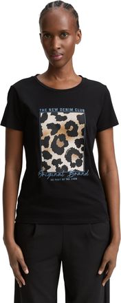 Tom Tailor Damen 1047863 T-Shirt mit Leo-Print, 14482-Deep Black, XS