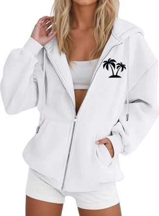 Generic 2026 Vestes &agrave; capuche &agrave; fermeture &eacute;clair pour femmes et adolescentes avec capuche enti&egrave;rement zipp&eacute;e, pull &agrave; manches longues et poches, blanc, 3XL