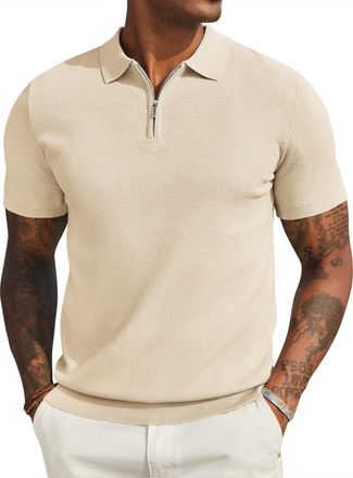 Coofandy Herren Sommer Poloshirt Reißverschluss Poloshirts für Herren Kurzarm Casual Strick Polo Shirt Männer Stretch Einfarbig Polohemd Golf T-Shirt Khaki L