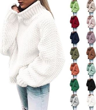 Generic Pull à col roulé pour femme - Chandail en tricot épais, sweat-shirt de couleur unie pour lhiver, pull tendance à manches longues chauve-souris, pull c