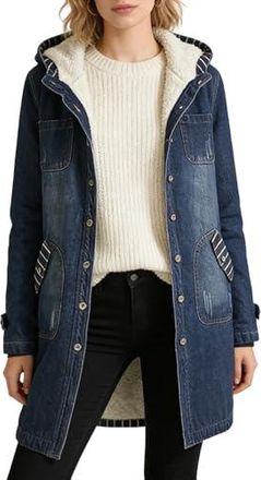 Generic Veste en jean &agrave; capuche doubl&eacute;e polaire pour femme - Veste mi-longue d&eacute;contract&eacute;e, noir fonc&eacute;, M