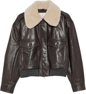 Brunello Cucinelli Femme, Vestes, Brun, Taille: 38 FR Veste en cuir zipp&eacute;e sur le devant
