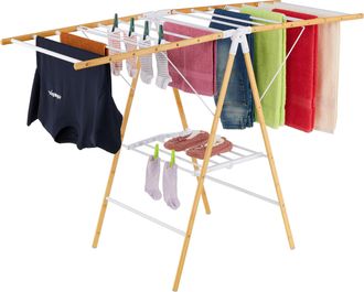 Relaxdays W&auml;schest&auml;nder, klappbar, 2 Ebenen, HxBxT: 100 x 148 x 56 cm, Bambus & Metall, Fl&uuml;gelw&auml;schest&auml;nder, Natur/wei&szlig;
