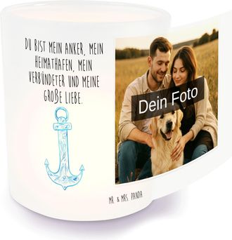 Mr. & Mrs. Panda Personalisiertes Foto Windlicht Anker Blau - Geschenk, Drau&szlig;en Selber Gestalten, Windlichter mit, Teelichthalter, Lustige Spr&uuml;che, Vintage