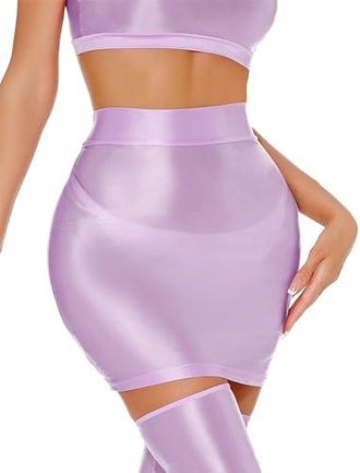 Feoya Femmes Mini Jupe Courte Bodycon Skirt Sexy Nylon Spandex Jupe Courte Soirée Cocktail Jupe Danse Bal Clubwear Elasticité Jupe Brillants Mini Jupe Viole