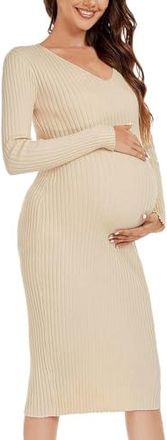 Generic Robe de maternit&eacute; &agrave; manches longues, col en V, en tricot, extensible, robe de grossesse, robe de No&euml;l, Blanc., XL