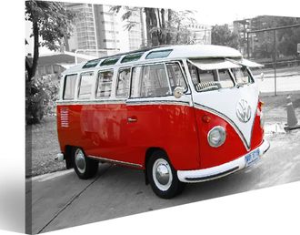 Islandburner Bild auf Leinwand Roter Bus T1 vor Schwarz Weiß Hintergrund Wandbild Poster Kunstdruck Bilder 80x40cm