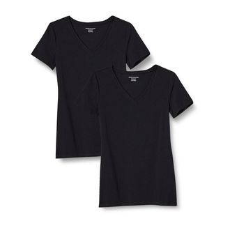 Amazon Essentials Damen T-Shirt mit V-Ausschnitt und kurzen Ärmeln in Übergröße, 2er-Pack, Schwarz, XXL Große Größen