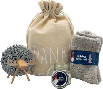 KDA Geschenkset Weihnachtszeit - Leinens&auml;ckchen 30x20 cm mit Kuschelsocken Wichtel, Wichtelkerze & Filz-Untersetzer Rentier/Schaf, Wichtelgeschenk f&uuml;r Fra