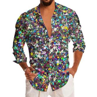 Generic Chemise disco des ann&eacute;es 70 boutonn&eacute;e pour homme - Costume de carnaval ample et &eacute;tincelant &agrave; manches longues pour f&ecirc;tes &agrave; th&egrave;me disco - Tenue de f&ecirc;te 