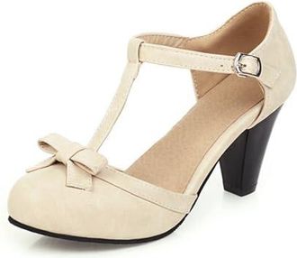 Generic Escarpins Mary Janes &agrave; talon &eacute;pais avec noeud ferm&eacute; et bout rond et sangle en T pour femme pour f&ecirc;te et d&eacute;contract&eacute;, beige, 40.5 EU