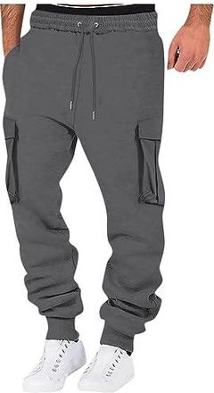 Generic Pantalon de surv&ecirc;tement cargo doubl&eacute; en polaire pour homme - Coupe ample avec plusieurs poches - Style urbain d&eacute;contract&eacute; et utilitaire, gris fonc&eacute;, 3