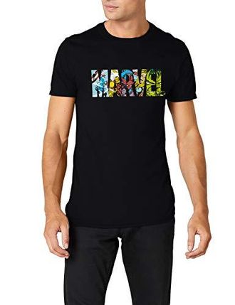MARVEL Homme Marvel T-shirt avec Logo Comic Strip T shirt, Noir, L EU