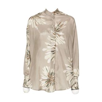 Brunello Cucinelli Femme, Blouses et Chemises, Beige, Taille: 40 FR Silk Floral Print Band Collar Shirt