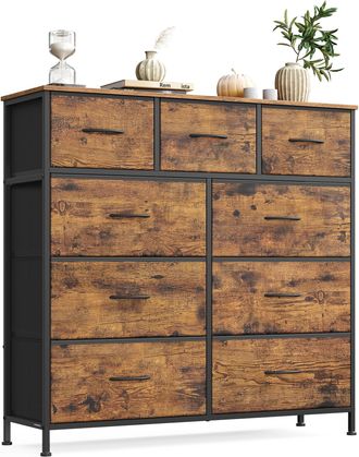 Songmics Kommode, Schrank, 9 Stoffschubladen, Aufbewahrungsschrank, Stahl, MDF, Vliesstoff, für Schlafzimmer, Flur, Wohnzimmer, vintagebraun-tintenschwarz LGS3