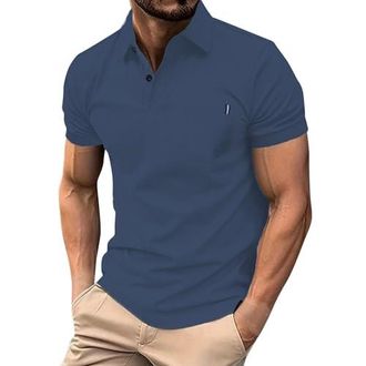 Generic Polo pour homme europ&eacute;en, pur, color&eacute; et polyvalent avec col ample, boutonni&egrave;re, col ouvert, manches courtes de sport c&ocirc;tel&eacute;es, Marine, 3XL