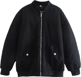 Generic Blouson bomber vintage à col montant avec poches pour femme, Couleur : noir., XL