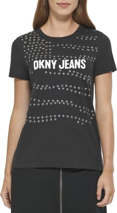 DKNY Damen Jeans Logo with All Over Stud Detailing T-Shirt, Schwarz, M EU