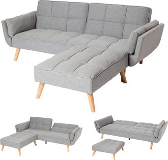 Mendler Schlafsofa HWC-K18 mit Ottomane, Couch Sofa Gästebett, Schlaffunktion 218x175cm - Stoff/Textil hellgrau