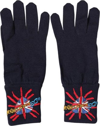 Dolce & Gabbana Femme, Accessoires, Bleu, Taille: ONE Size Wool Knit DGLovesLondon Embroidered Mitten Gloves