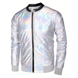 Generic Blouson Baseball Homme &agrave; Paillettes M&eacute;talliques Brillant Style Disco Ann&eacute;es 70 Veste Bomber D&eacute;contract&eacute;e pour F&ecirc;te, Danse, Discoth&egrave;que - Fermeture &Eacute;cl