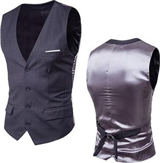 ORANDESIGNE Gilet Costume Homme Carreaux Veste sans Manche Casual Mariage Formal Business Veste en Laine Gilets en Satin A Gris Fonc&eacute; M