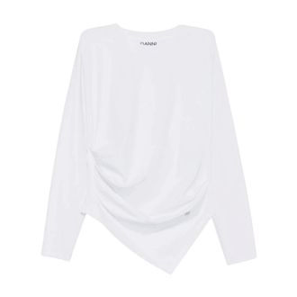 Ganni Langarm-T-Shirt aus schwerer Stretch-Baumwolle mit Drapierung - - Tops - Damen - Wei&szlig; - XS