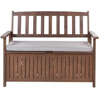 Beliani Gartenbank Dunkelbraun Akazienholz 120 cm mit Auflage Hellgrau Armlehnen Stauraum Modern Garten Terrasse Wintergarten Ausstattung Outdoor
