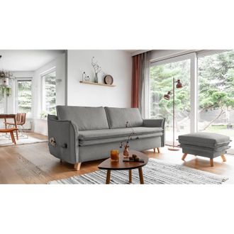 Mørteens home24 Schlafsofa mit Holzfüßen Grau/Grau Webstoff Neli 225 x 85 x 90cm mit Schlaffunktion Modern