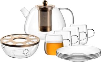 Leonardo LEONARDO T&egrave; per Te Tee-Set f&uuml;r 4 Personen, Teekanne 1,5 L mit St&ouml;vchen 4 Teetassen und 4 Untertassen, Borosilikatglas, Handgefertigt, Sp&uuml;lmaschinengee